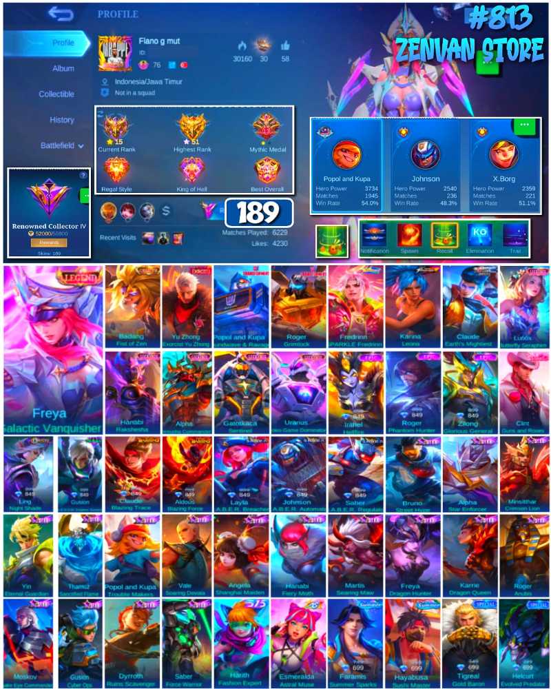 #813 189 Skin ⭐ Legend Freya Collector Badang Exorcist Yu Zhong Many ...