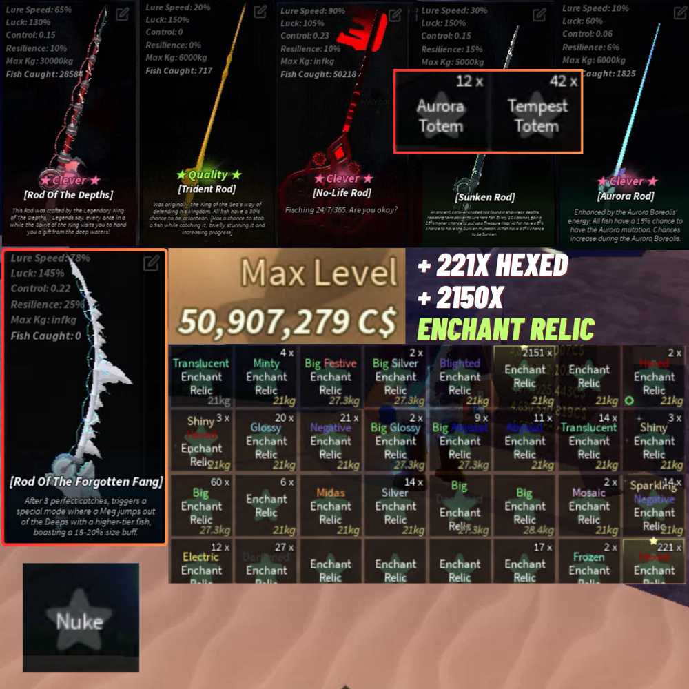 [Fisch] ID187: Level 750 Max 50M C$ - 12x Aurora Totem, 220x Hexed ...