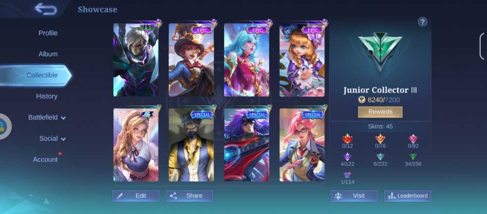 LVL34| 48 HEROES + 45 SKINS | Lvl 58 Marksman Emblem | ~Epic Harley ...