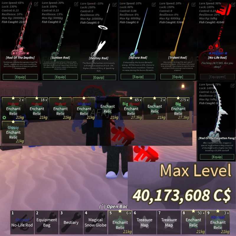 SALEID458Fisch: Level 750 Max 40M C$ - 85x Hexed Relic - Rod of the ...