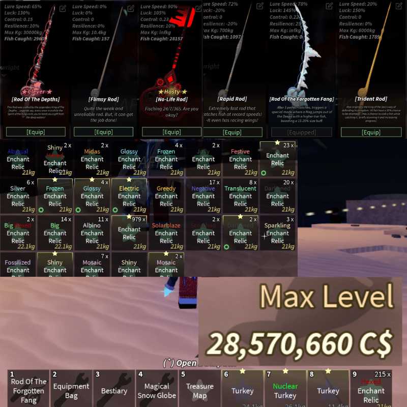 SALEID378Fisch: Level 750 Max 28M C$ X2 Exp - 215x Hexed Relic - Rod of ...