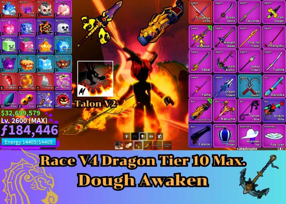 Blox Fruit Lv:2600 Max.Draco V4 Full Tier Max.Dough AwakenTalon V2 ...
