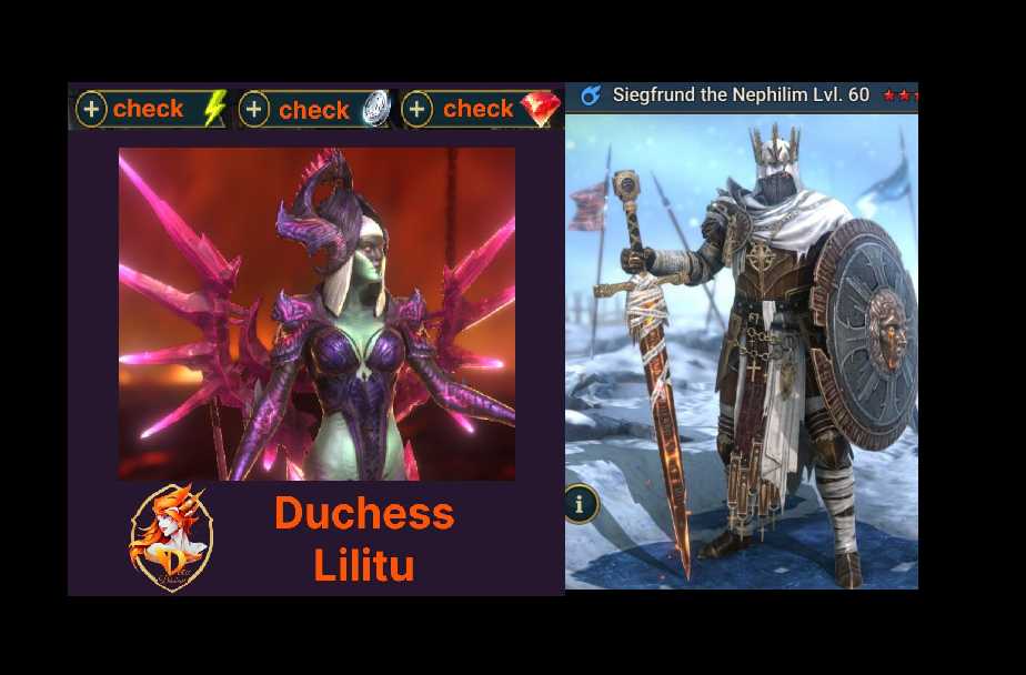 Duchess Lilitu + Siegfrund the Nephilim + 9 Starters LEGS + 42k energy ...