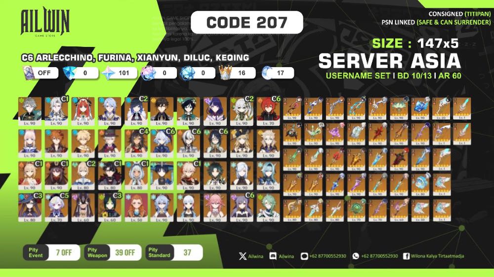 AR 60 C6 Arlecchino, Furina, Xianyun, Diluc, Keqing 147x5 Asia server