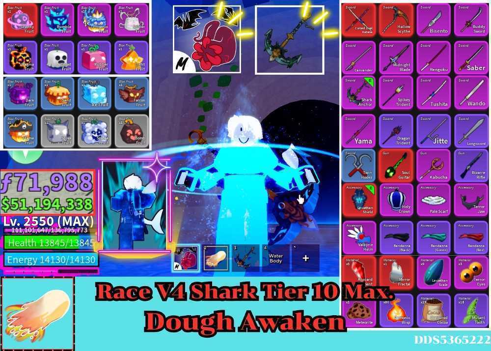 Blox Fruit Lv:2550 Max.Dough AwakenShark v4 Tier 10 Max.Sunguine+Gadhuman CDK+Shark Anchor ...