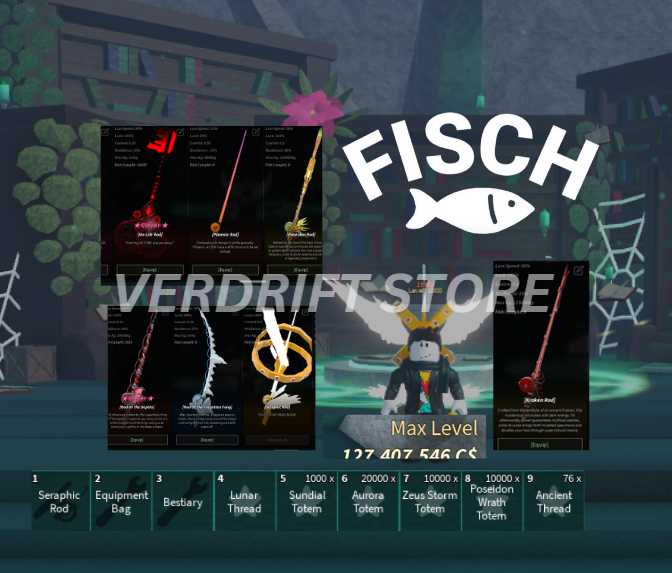 Fisch Account LVL MAX + 100M C$ + MANY RODS AND TOTEM - FAST DELIVERY