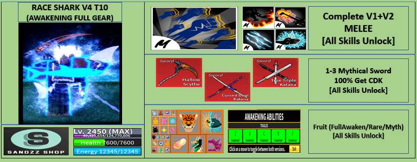 [Blox Fruit] Lv 2450 | Race Shark V4 T10 (Awakening Full Gear ...