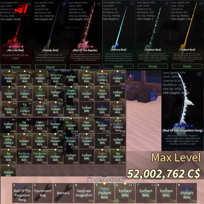 SALEID594Fisch: Level 750 Max 52M C$ - 235x Hexed Relic - Rod of the ...