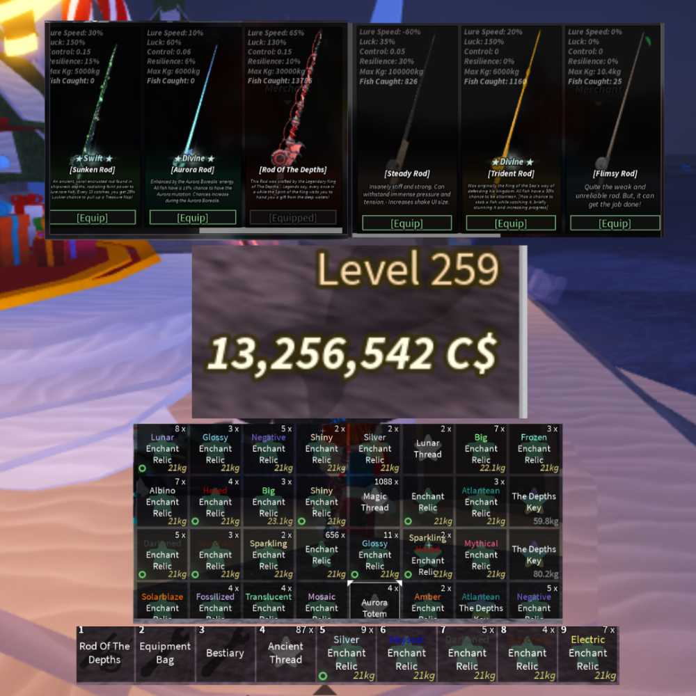 ID 57Fisch: Level 259- 13m C$ - ,- Sunken Rod-Aurora Rod -Trident rod ...