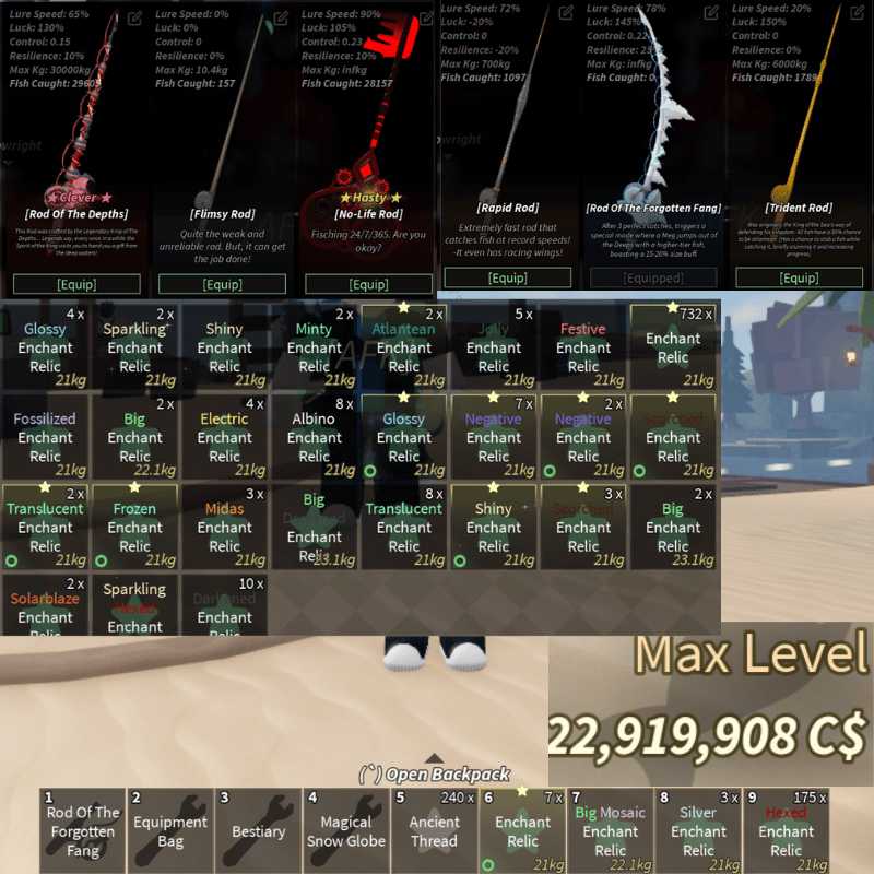 SALEID375Fisch: Level 750 Max 22M9 C$ X2 Exp - 175x Hexed Relic - Rod ...