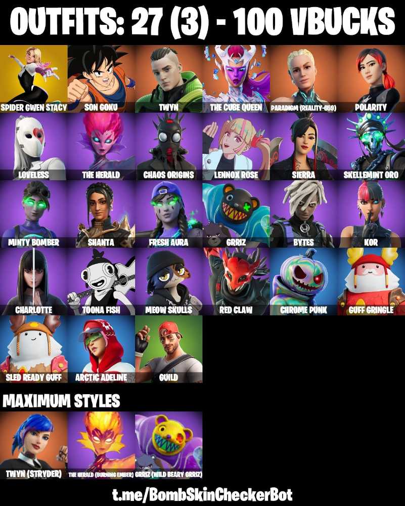 PC/PSN/XBOX 27 SKINS Spider Gwen Stacy , Son Goku , Minty Bomber ...