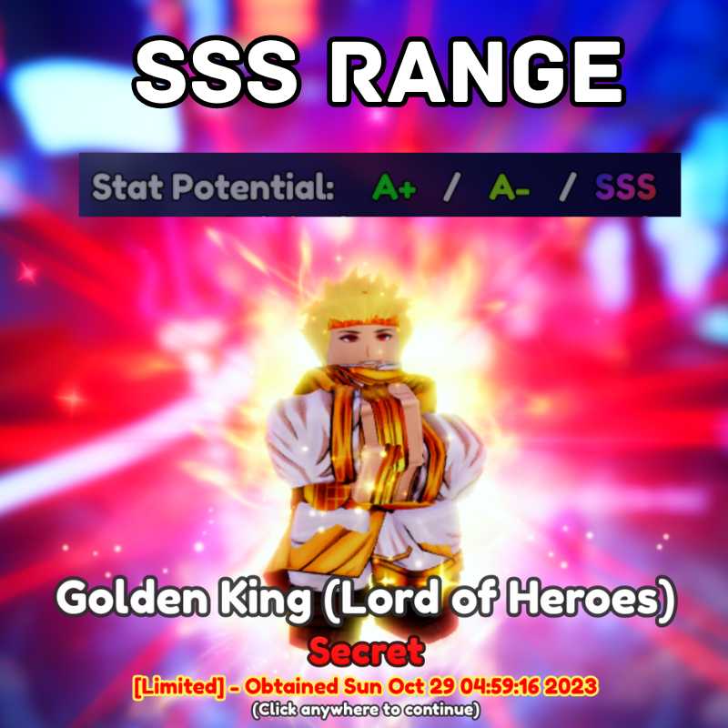 A491Golden King Evo SSS RANGE 11.0% - Anime Adventures - Instant Delivery