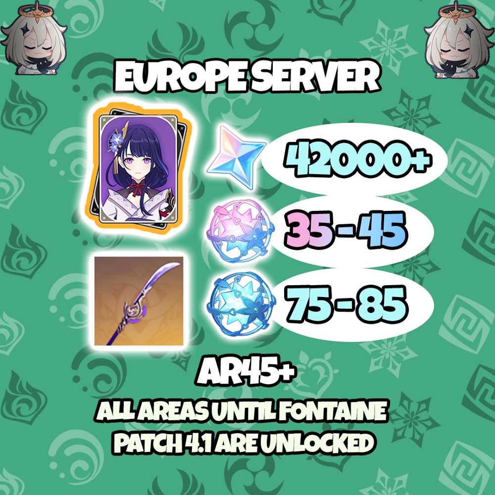 [Europe] Raiden + Signature Weapon + 380 Wishes | AR45+ | 42000 Primogems + 35-45 Interwined ...