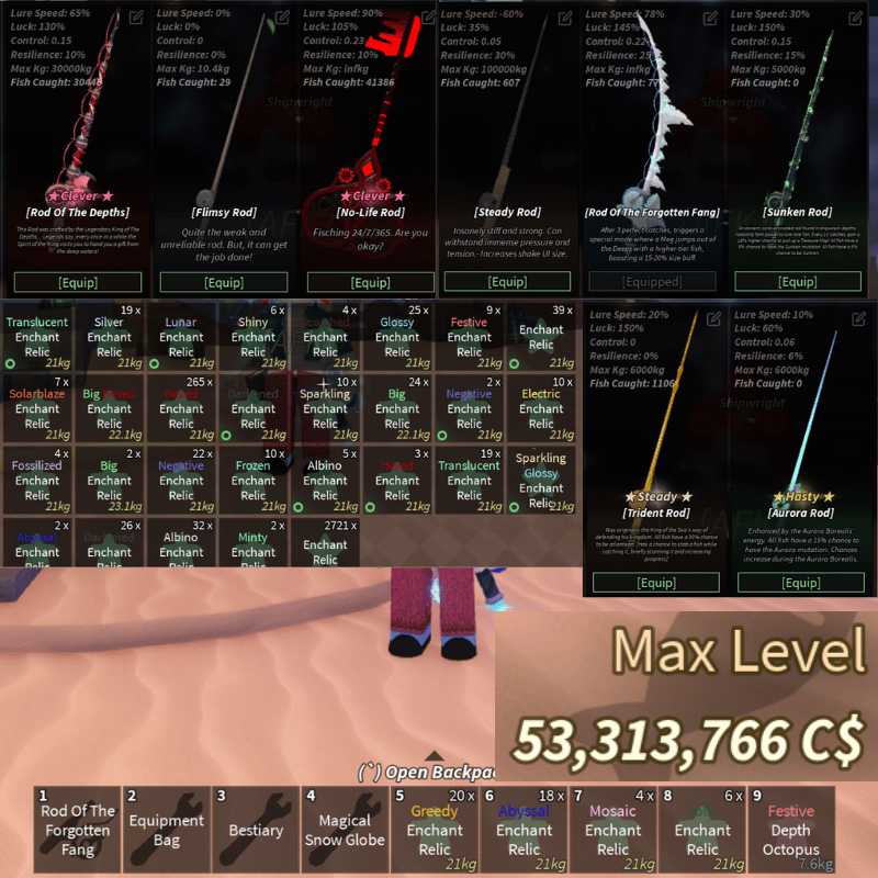 SALEID438Fisch: Level 750 Max 53M C$ - 265x Hexed Relic - Rod of the ...