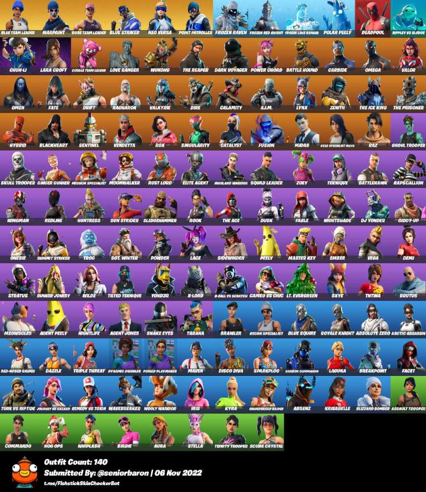 140 skins, the reaper, royale knight, blue squire, take the l, candy ...