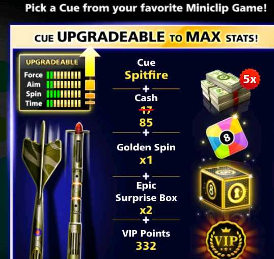 Spitfire Cue + 85 Cash + 1 Golden Spin + 2 Epic Surprise Box + VIP ...