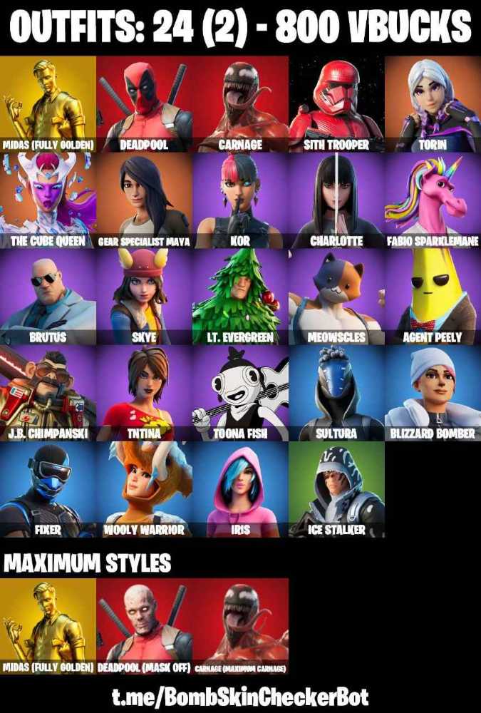 24 SKINS+SITH TROOPER+GOLDEN MIDAS+CHARLOTTE+KOR+TOONA FISH+SKYE+AGENT ...