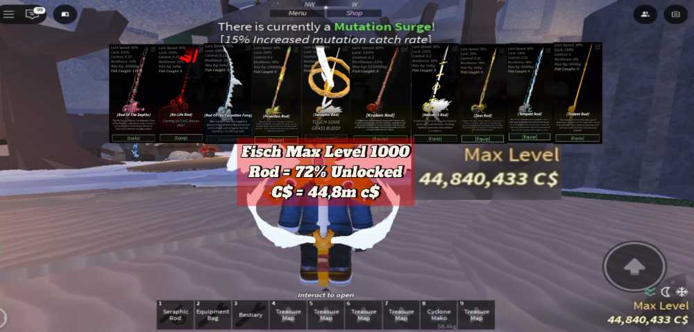 Fisch - Max Level 1000 - 72% rod unlocked - 44,8m C$ - Seraphic Rod ...