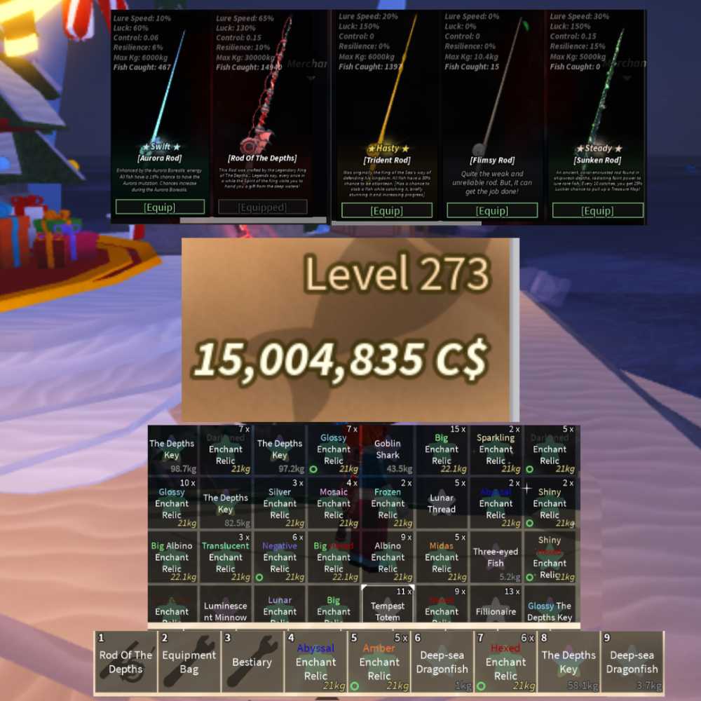 ID 48Fisch: Level 273- 15m C$ - ,- Sunken Rod-Aurora Rod -Trident rod ...