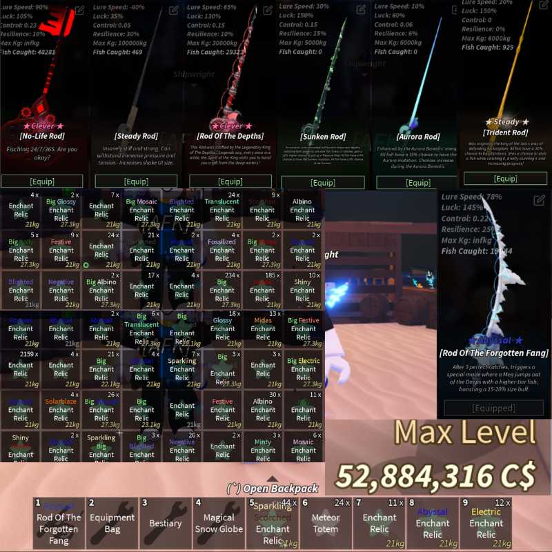 SALEID573Fisch: Level 750 Max 52M C$ - 187x Hexed Relic - Rod of the ...