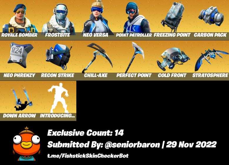 118 skins, royale bomber, frostbite, neo versa, dark bomber, harley ...