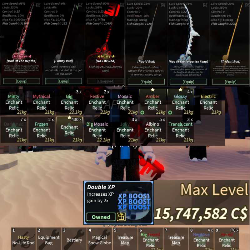 SALEID341Fisch: Level 750 Max 15M7 C$ X2 Exp - 77x Hexed Relic - Rod of ...