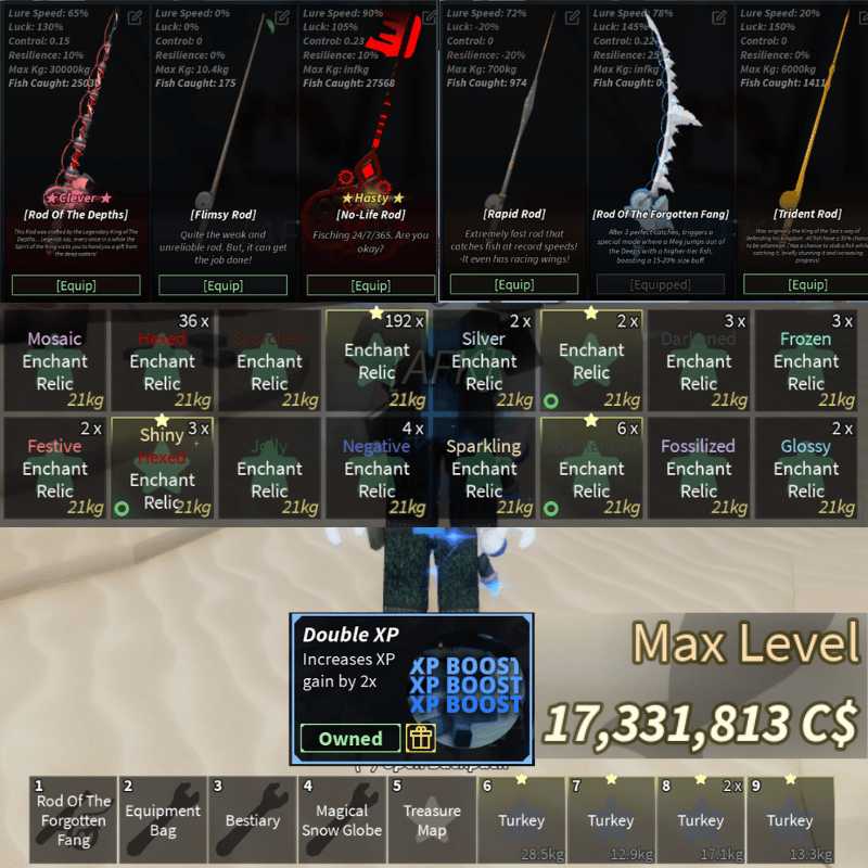 SALEID353Fisch: Level 750 Max 17M3 C$ X2 Exp - 39x Hexed Relic - Rod of ...