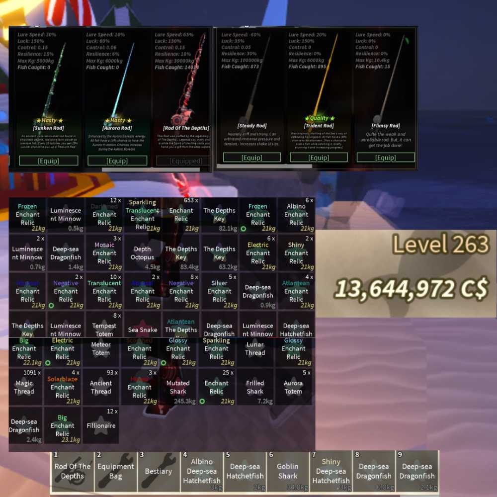 ID 49Fisch: Level 263- 13m6 C$ - ,- Sunken Rod-Aurora Rod -Trident rod ...