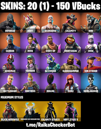 20 SKINS+SKULL RANGER+ORANGE JUSTICE+DIRE(MAX)+DRIFT(STAGE 5)+CALAMITY ...