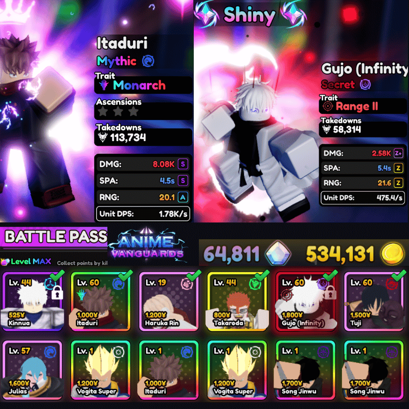 ID826 Shiny Gujo Secret,Itaduri Monarch,64k GemsAnime Vanguards - Full ...