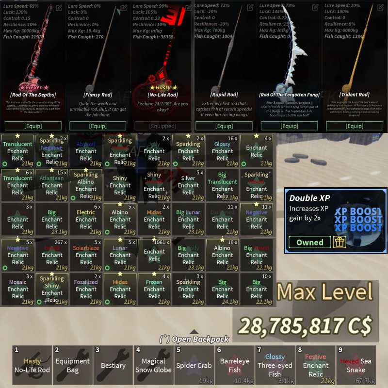 ID277Fisch: Level 750 Max 28M7 C$ X2 Exp - 267x Hexed Relic - Rod of ...