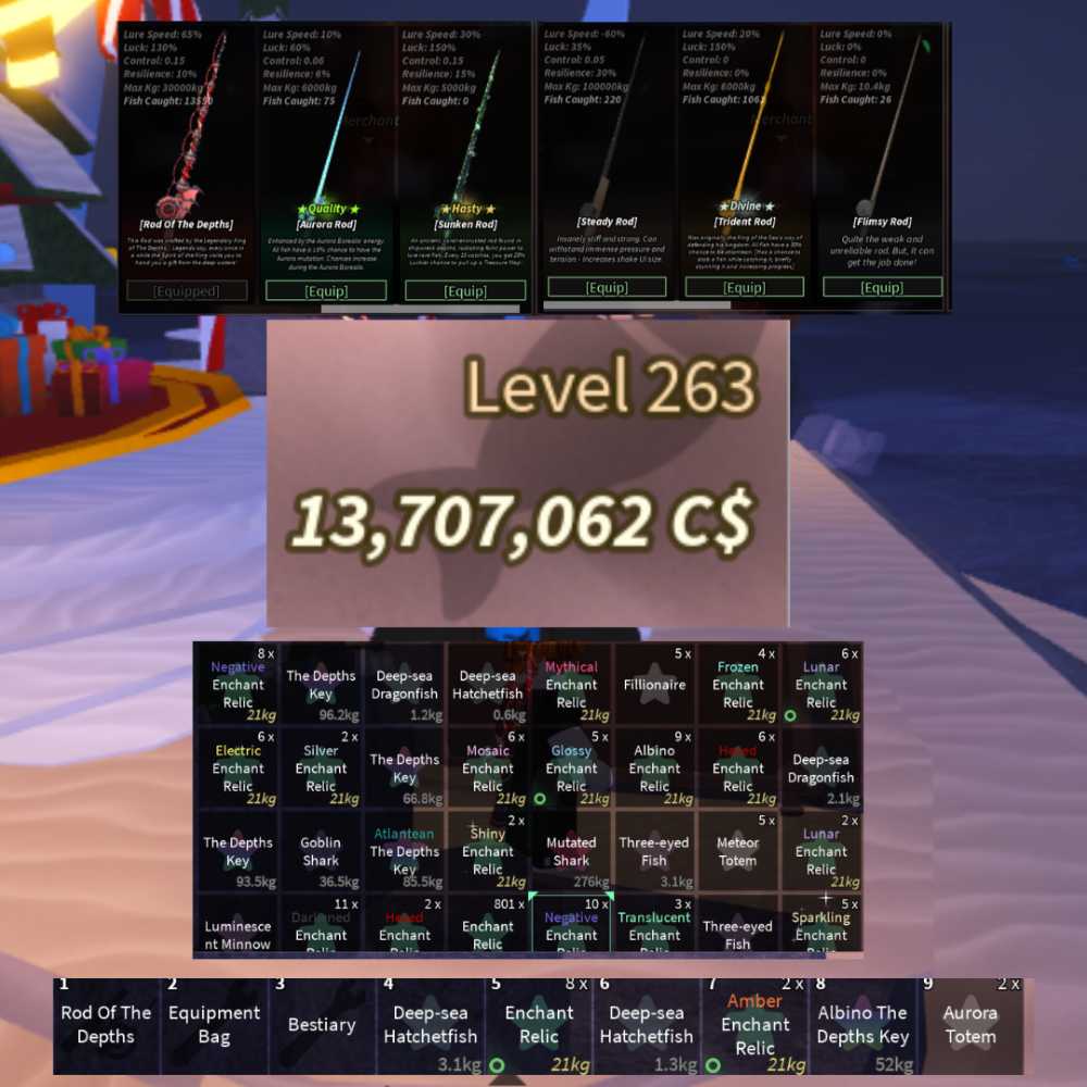ID 62Fisch: Level 263- 13m C$ - ,- Sunken Rod-Aurora Rod -Trident rod ...