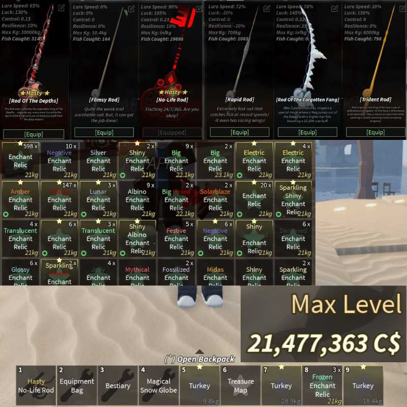 SALEID404Fisch: Level 750 Max 21M C$ X2 Exp - 150x Hexed Relic - Rod of ...