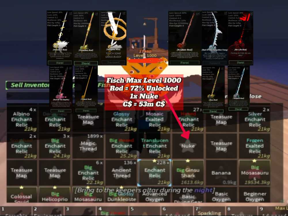 Fisch - Max Level 1000 - 72% rod unlocked - 1x Nuke - 53m C$ - Seraphic ...