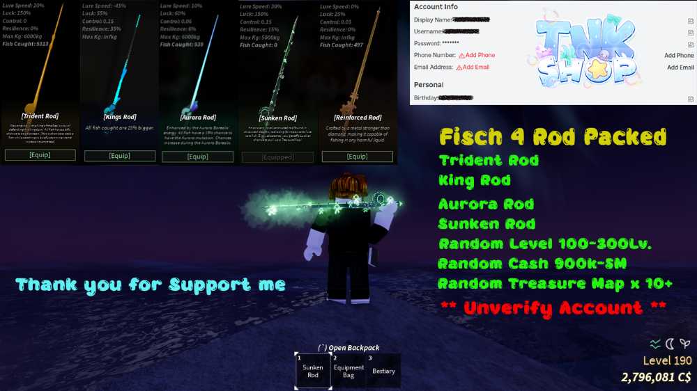 Fisch | 4 Rod Packed Random Lv.100-300 | Random Cash 1M-5M | UnVerify ...