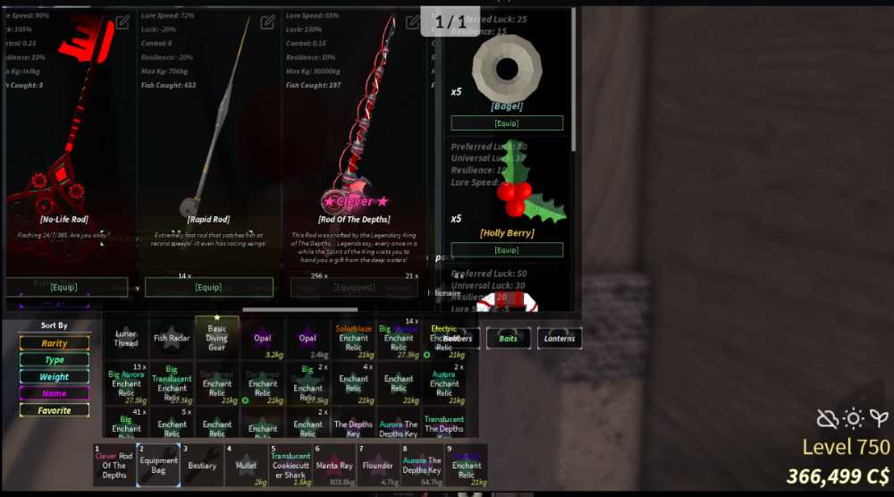 Fisch | Level 750 - Aurora Rod, No Life Rod, Rod of the Depths, Trident ...