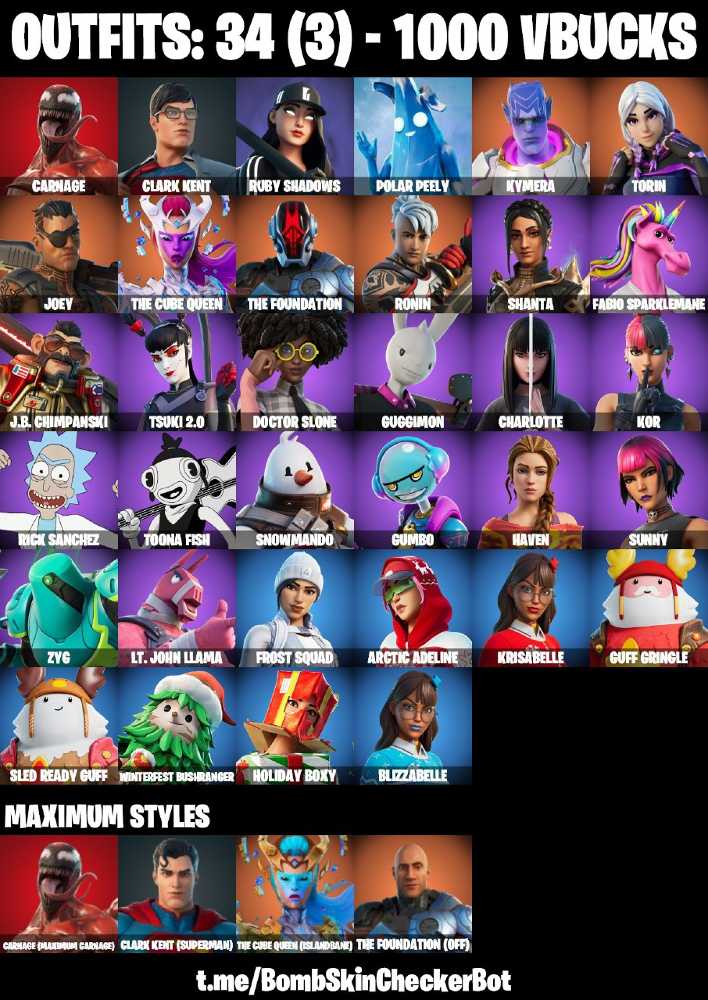 PC/PSN/XBOX 34 SKINS Carnage Max , Clark Kent Superman , Ruby Shadows , Polar Peely , Kymera ...