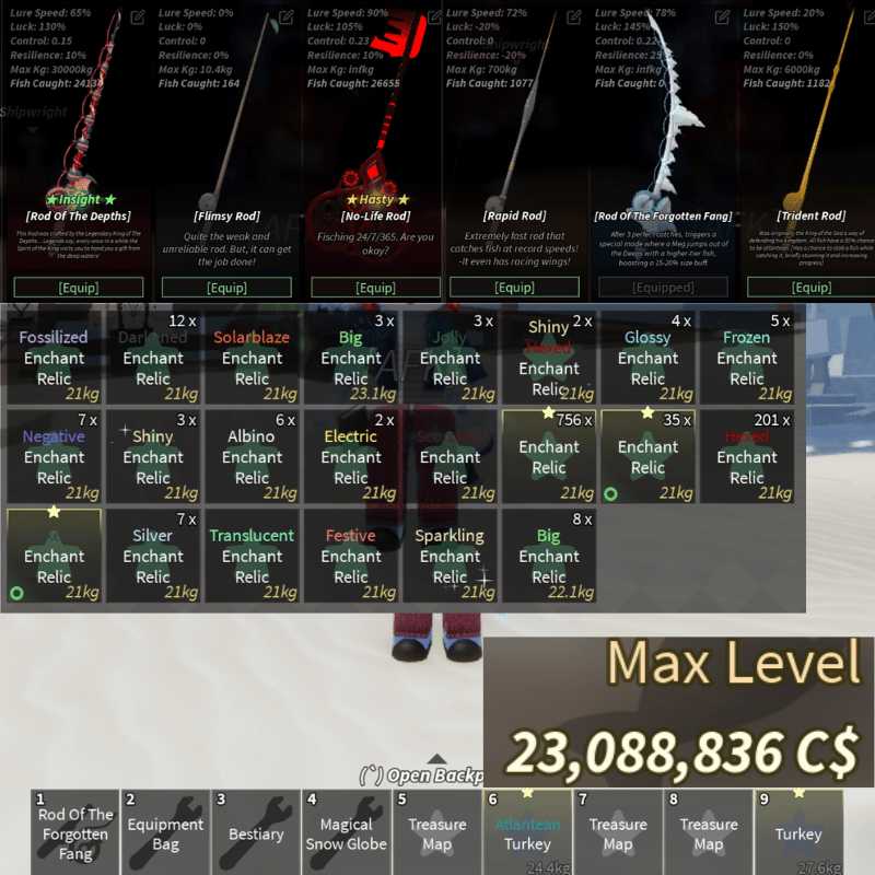 SALEID363Fisch: Level 750 Max 23M C$ X2 Exp - 200x Hexed Relic - Rod of ...