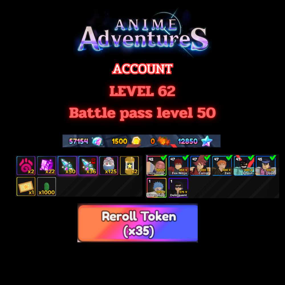 AA-08 Anime Adventures Account 57k gems // 35x Reroll token // Level 62 ...