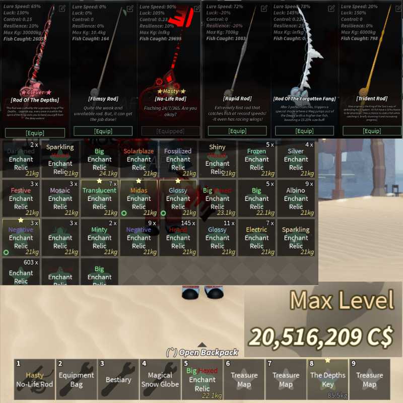 SALEID403Fisch: Level 750 Max 20M C$ X2 Exp - 147x Hexed Relic - Rod of ...