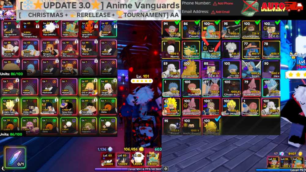 AV219Anime Vanguards Lv.101⭐️2MonarchAnime AdventuresLv.75 ⭐️Alocard ...