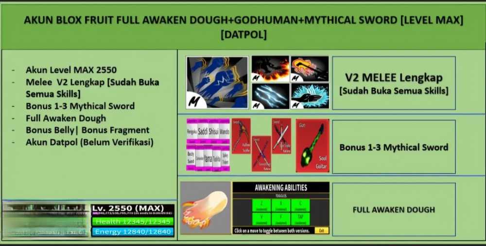 blox fruit | Level 2550 | 1 Dough Full Awaken | Belly 1M - 5M | 1-9 Legendary Sword | Complete ...