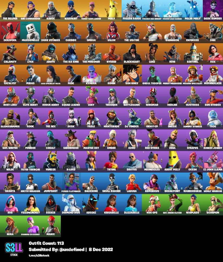 113 skins Mako , The Reaper , Take The L , Dark Voyager , Marshmello ...