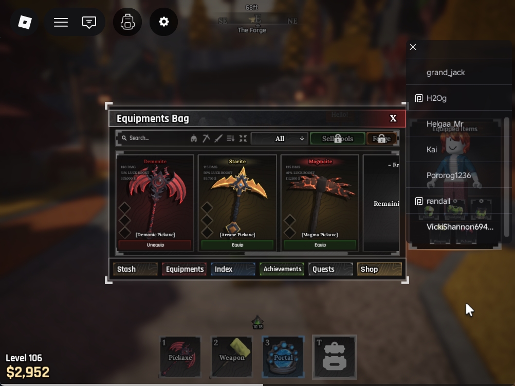 ID 217:LV 106 2K Coin Demonic Pickaxe, Arcane Pickaxe, Magma Pickaxe ...