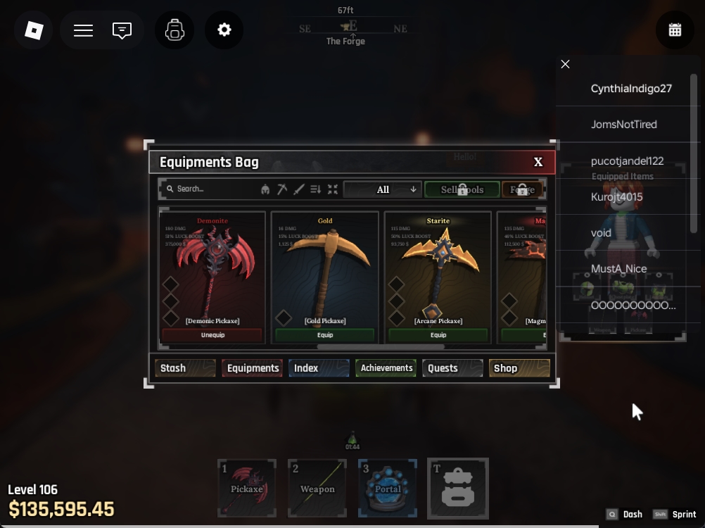 ID 393:LV 106 135K Coin Demonic Pickaxe, Arcane Pickaxe, Magma Pickaxe ...