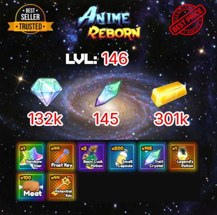 [Auto Delivery]ID 559 - Lv146 - 132K Gems, 145 Traits Crystal,Anime Reborn