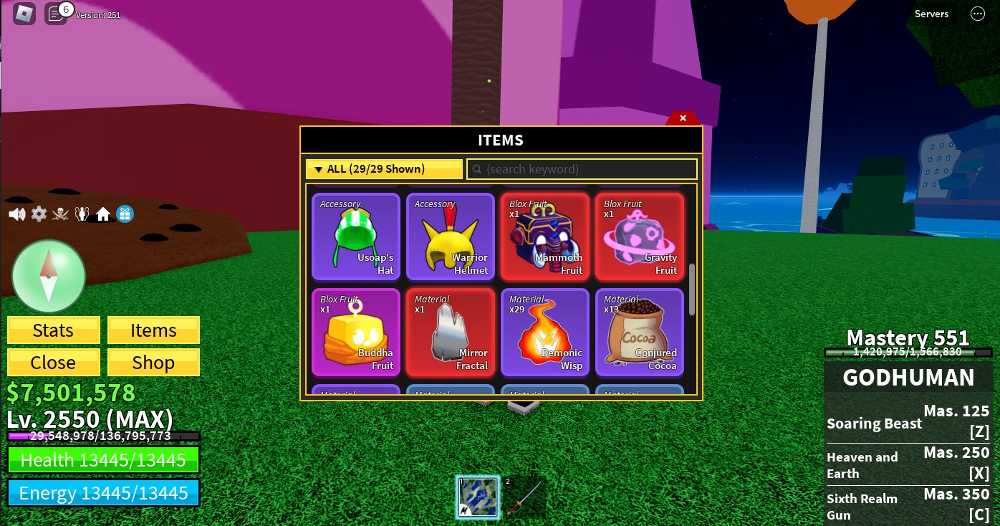 Blox Fruits 2550 lvl GodHuman Mammoth Fruit Gravity Fruit Buddha Fruit $7M