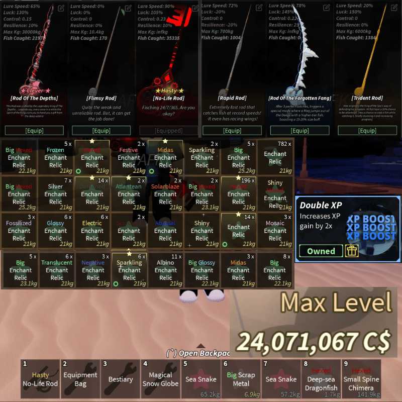ID279Fisch: Level 750 Max 24M C$ X2 Exp - 200x Hexed Relic - Rod of the ...