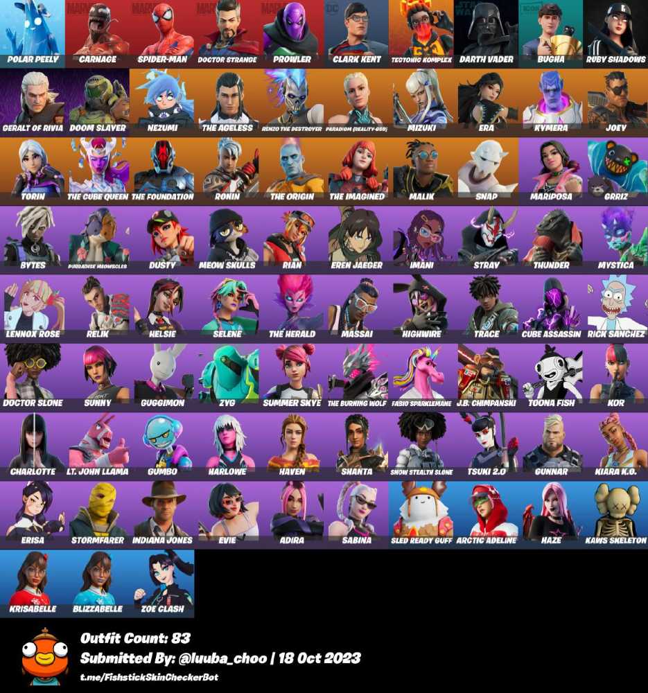 FA PC/XBOX/PSN/SWITCH 83 SKINS, SPIDER MAN, CARNAGE, POLAR PEELY, MEOW ...