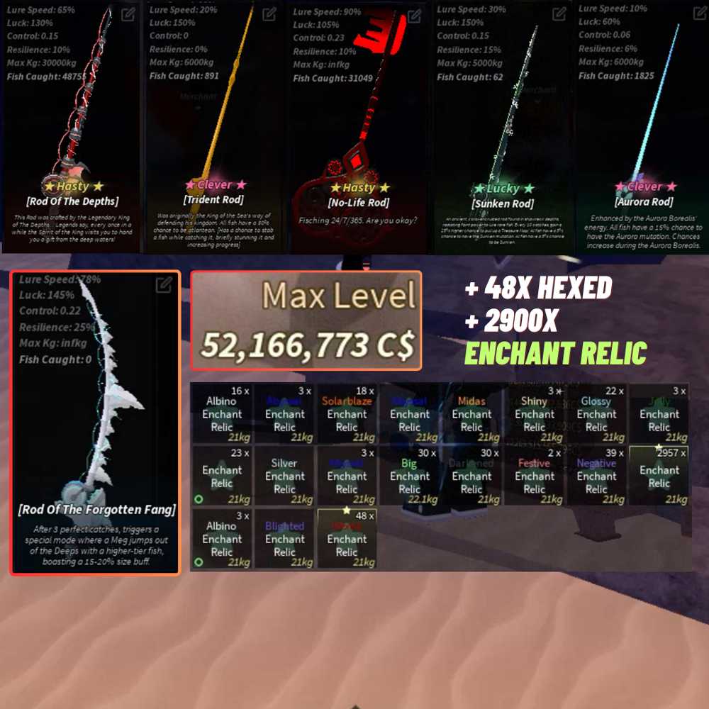[Fisch] ID132: Level 750 Max 52M1 C$ - Rod Of The Forgotten Fang, Rod ...